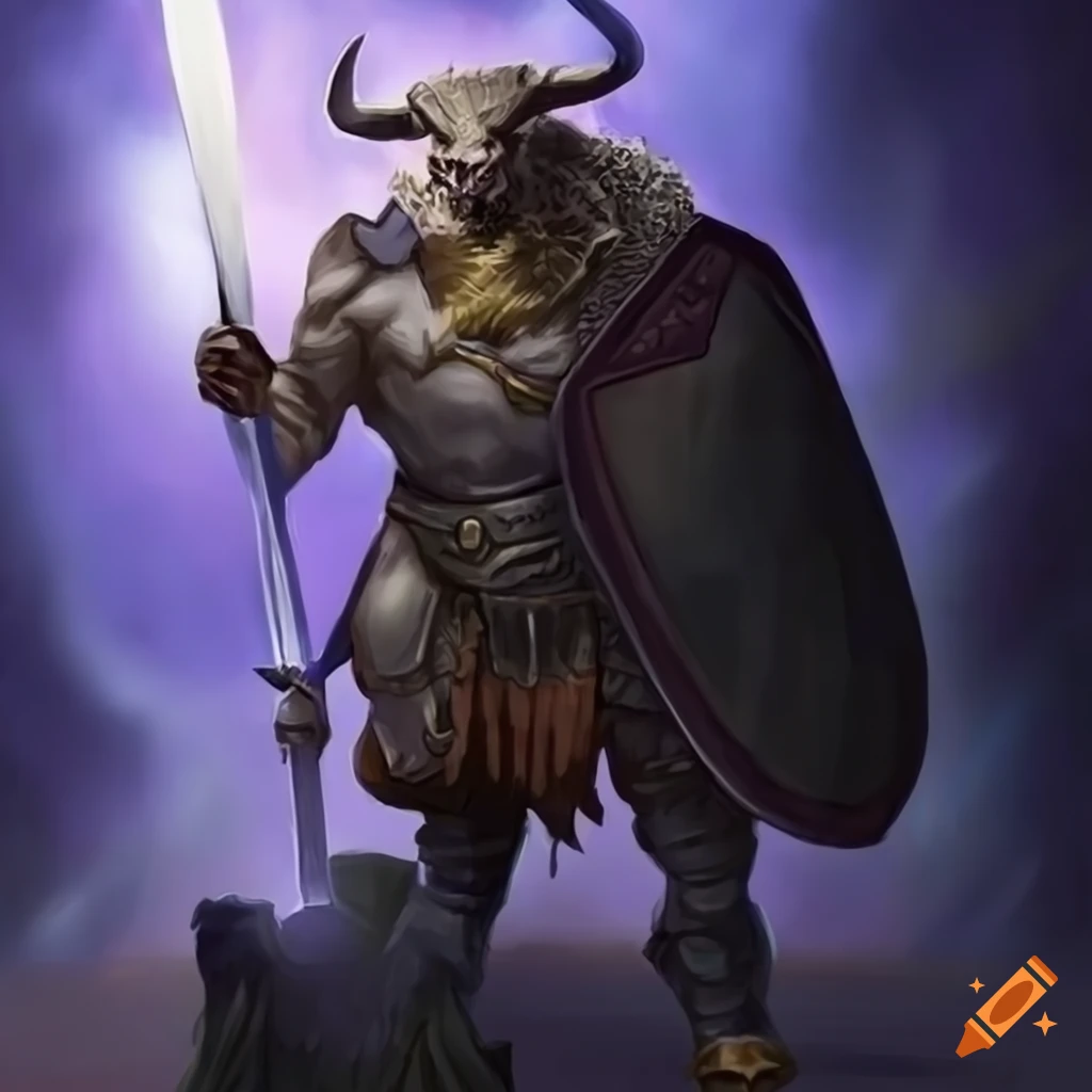 Minotaur Paladin wielding a shield and a glowing sword on Craiyon