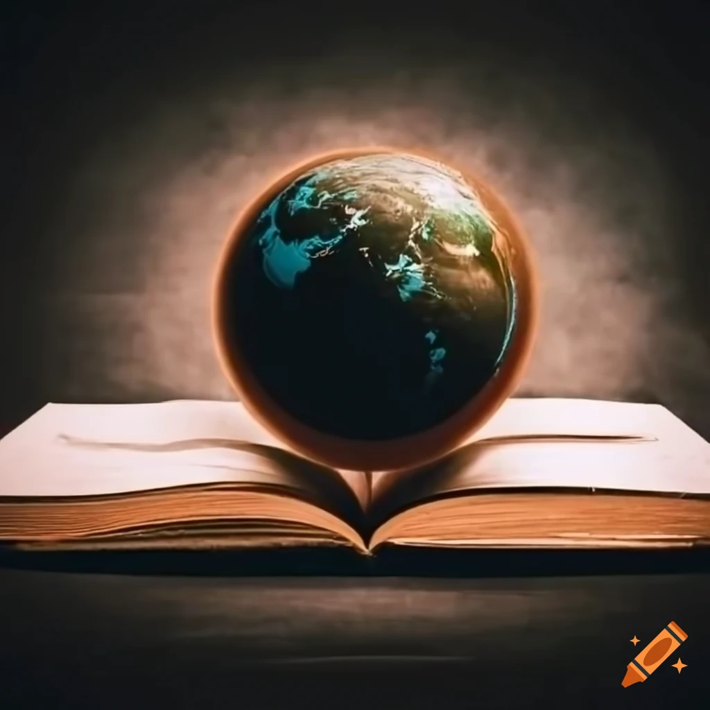 Imaginary world emerging from an open book on a table on Craiyon