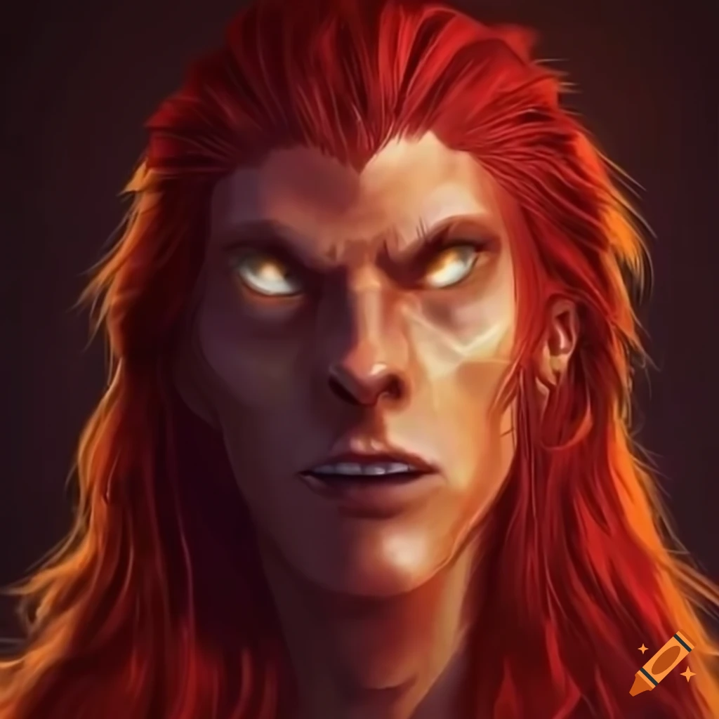 Representation of the God of Leos with red hair and an angry expression ...