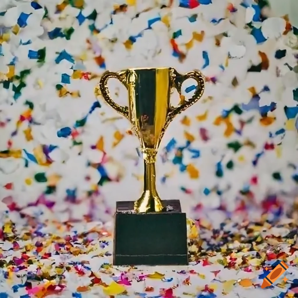 Trophy with confetti on a cloud, high definition photography on Craiyon