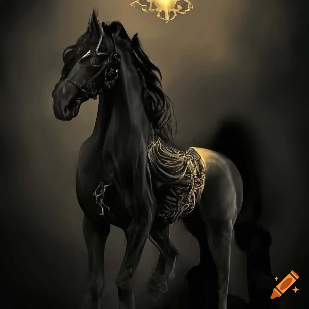 Striking mythical black horse with exposed skull and glowing golden eyes in gothic black metal ...