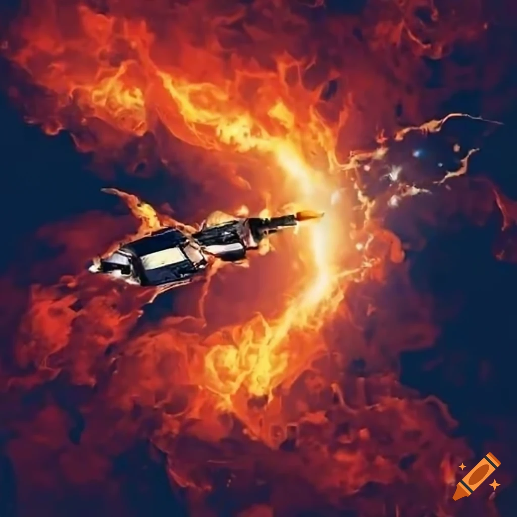Spaceship flying away from a fire storm in space with a rip through the ...
