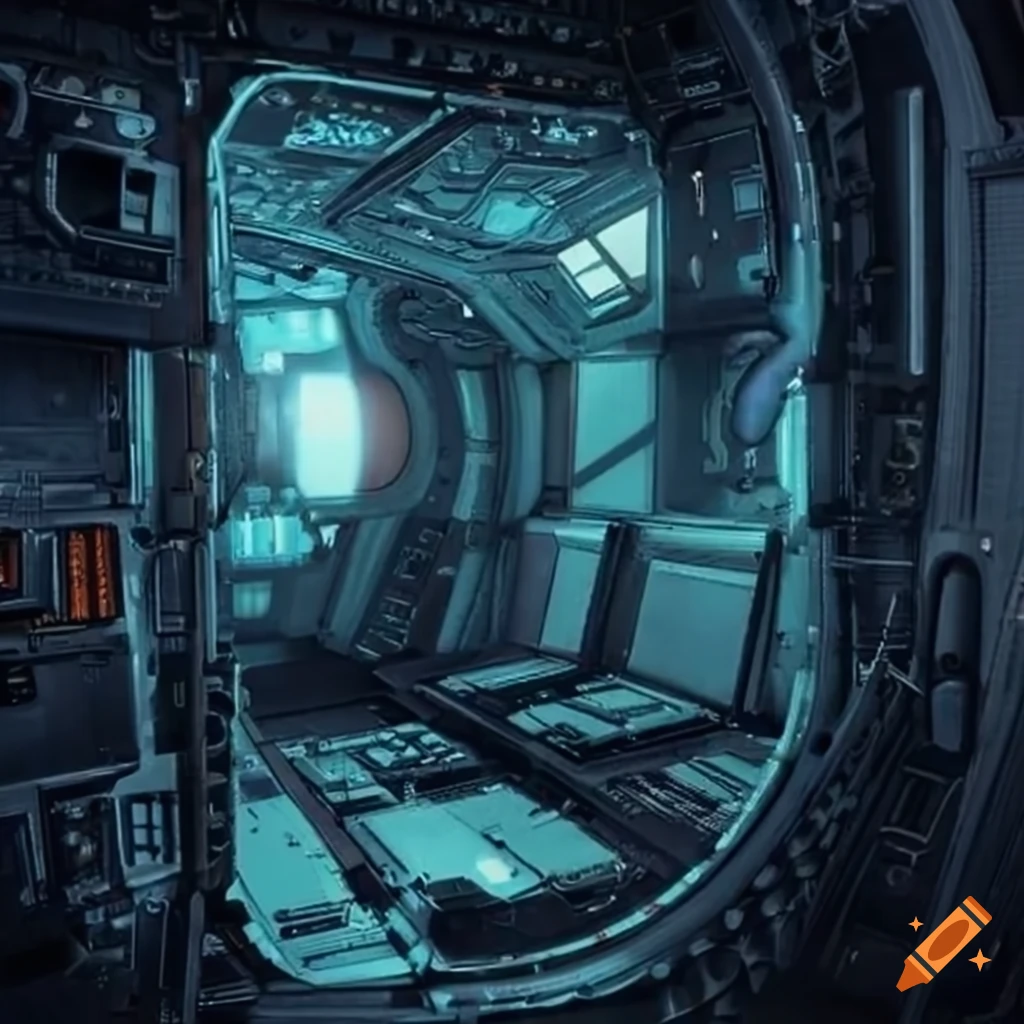 Cramped spaceship interior with pilot seat and complicated machinery on ...