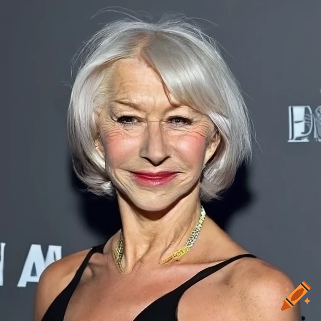 Helen Mirren with brunette mullet haircut and black tank top on Craiyon
