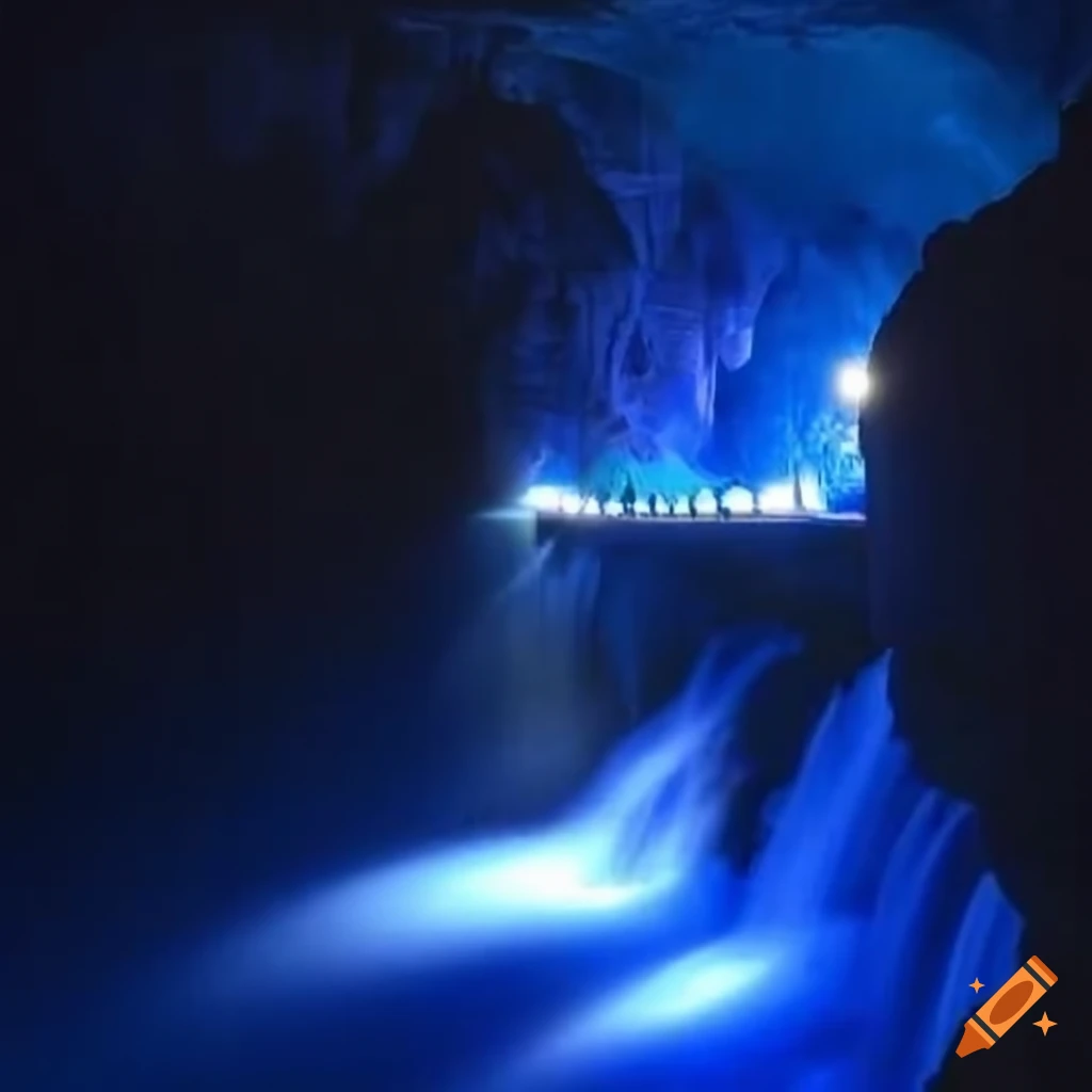 Ancient and magical cave with blue light, stone bridge, waterfalls ...