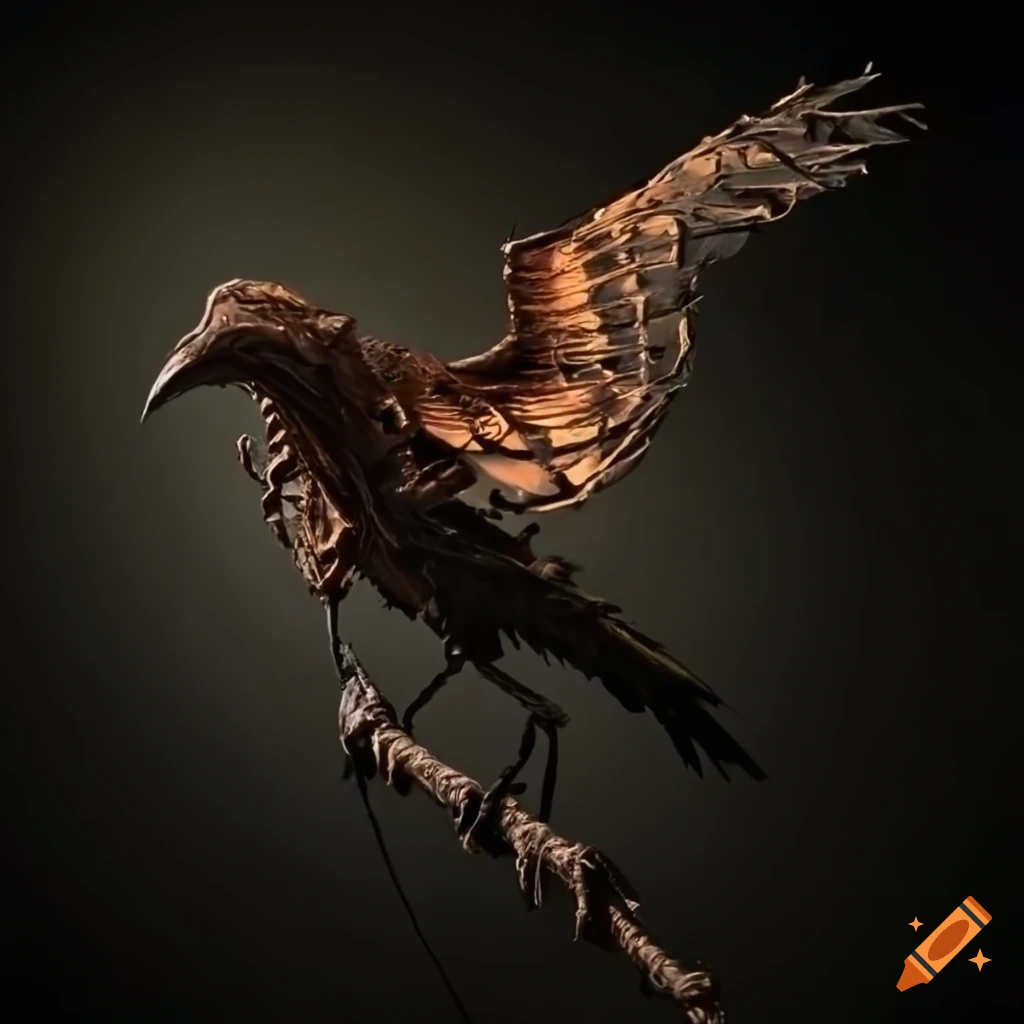 Bio mechanical decomposed flying crow made of twigs, electrical cables ...