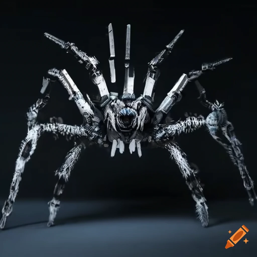 Intricately designed robotic wolf spider ready for battle on Craiyon