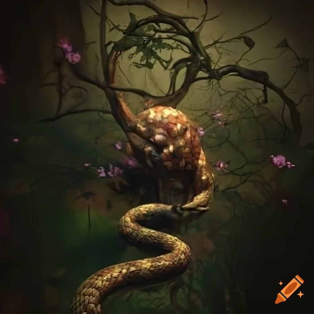 Fantasy scene with flowers, birds, snakeskin trees, ivy vines, and mythological creatures in ...