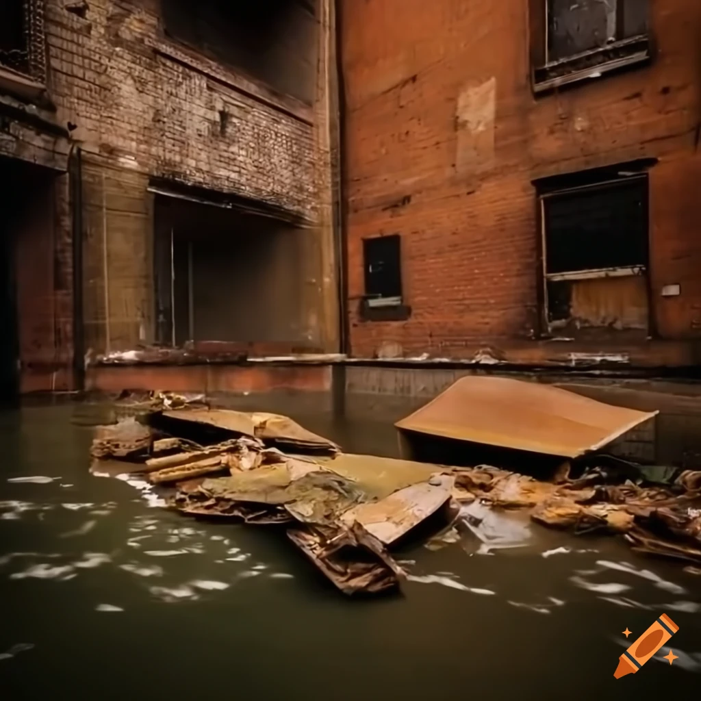 Destroyed leather couch in flooded industrial rooftop with abandoned ...