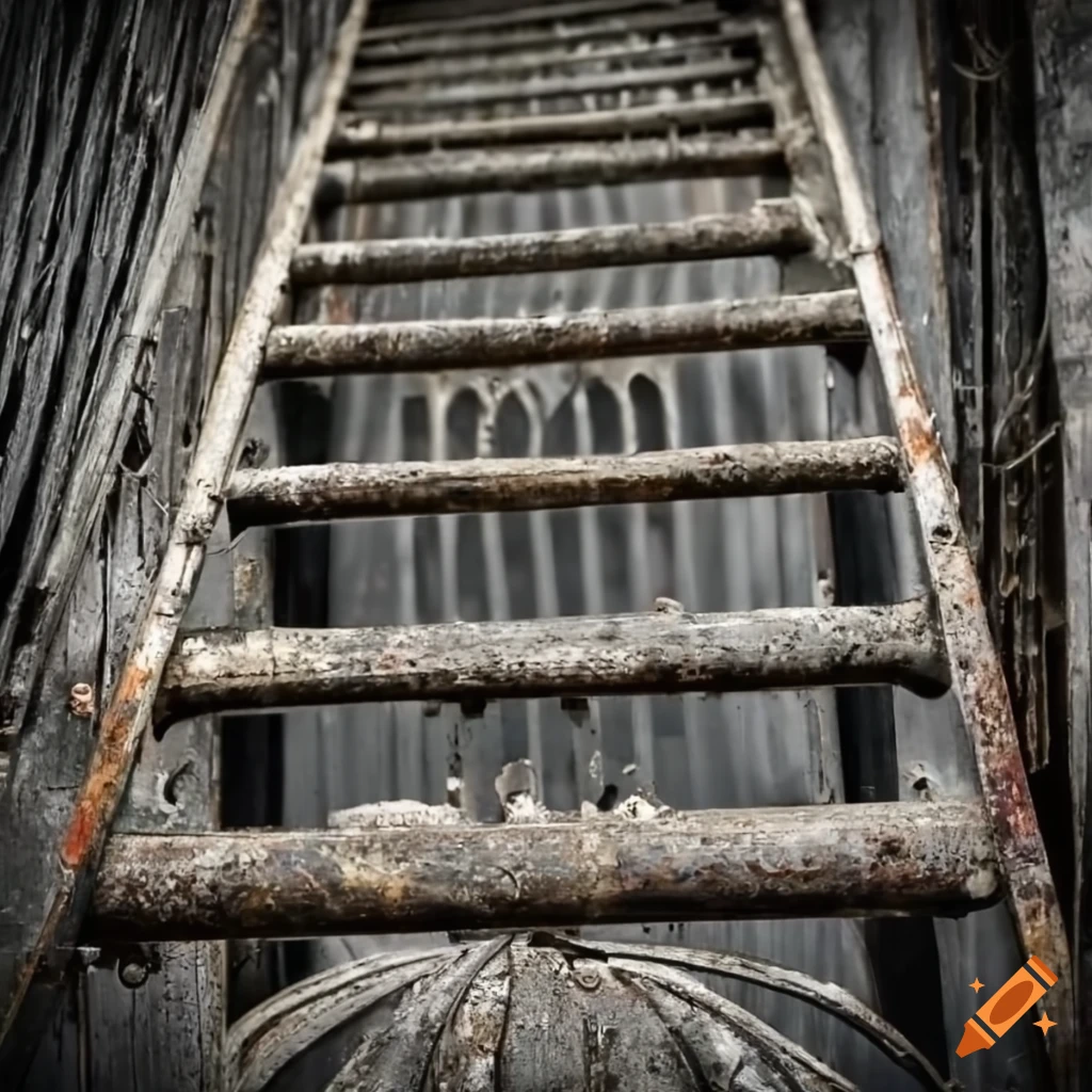 Old metal ladder leading to a round hatch on Craiyon
