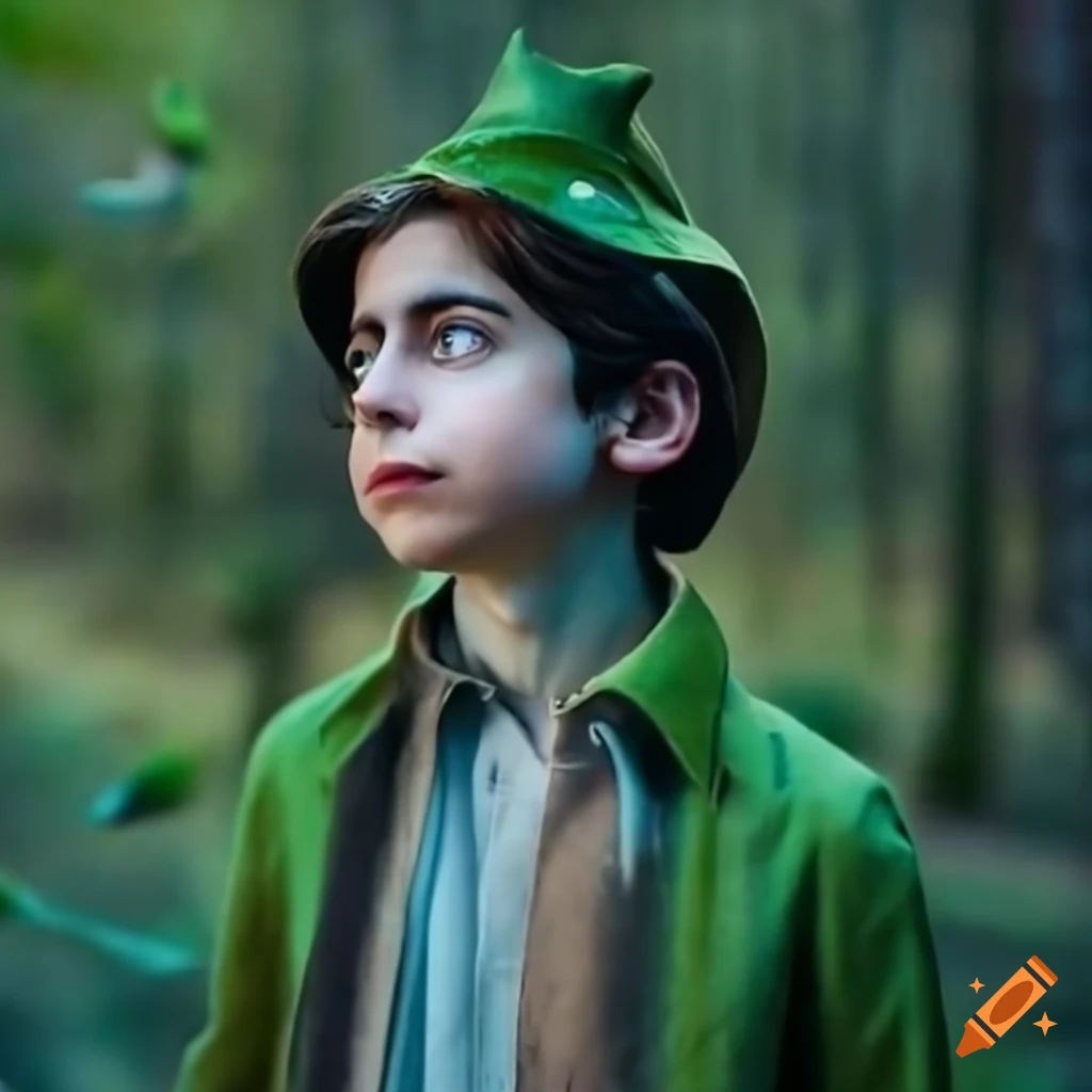 Aidan gallagher as peter pan flying with the iconic hat in a magical ...