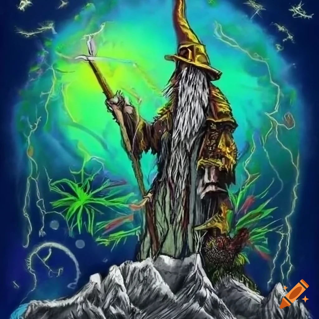 Psychedelic wizard shooting lightning from a marijuana blunt on a ...