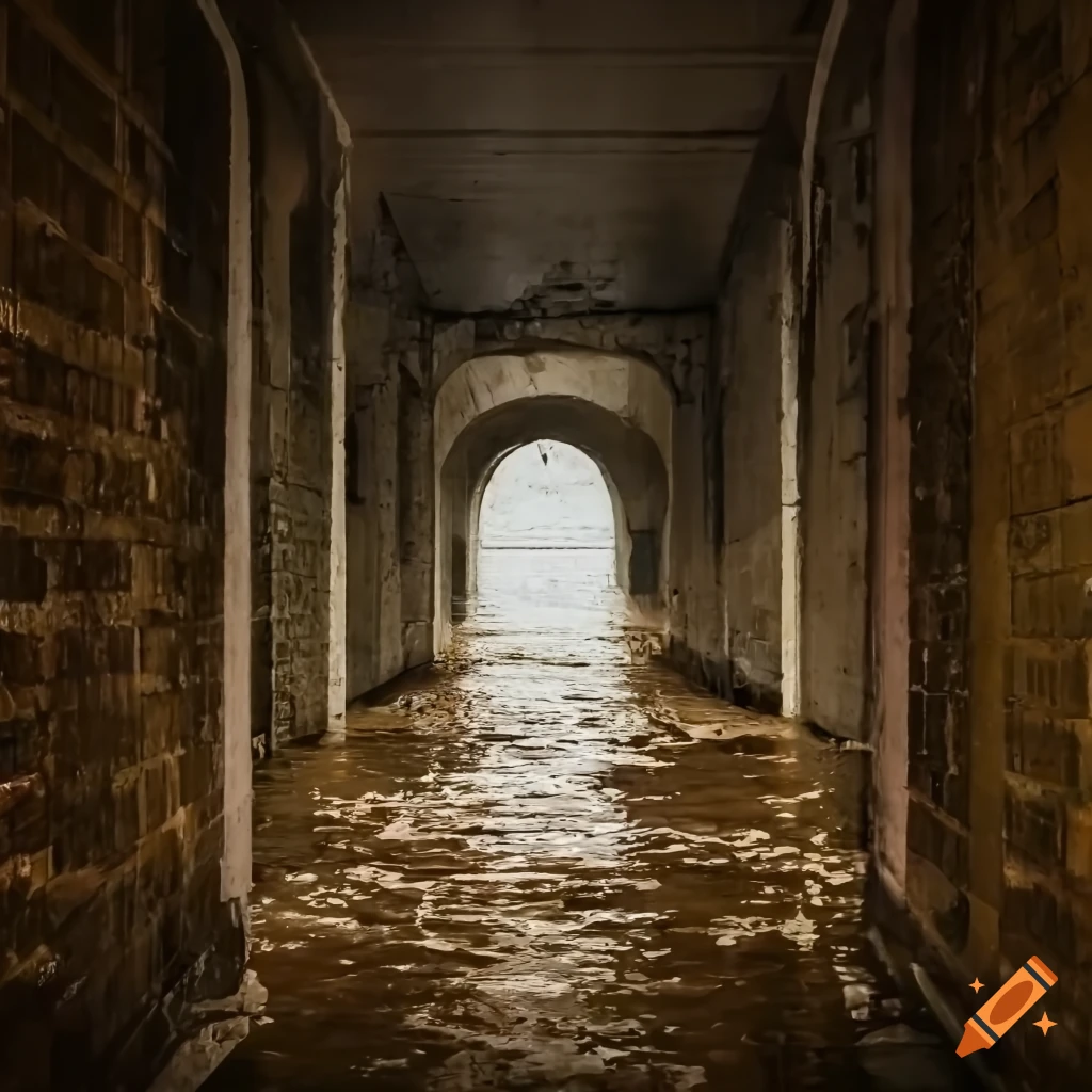 Crumbling flooded corridor leading to abandoned buildings sinking into ...
