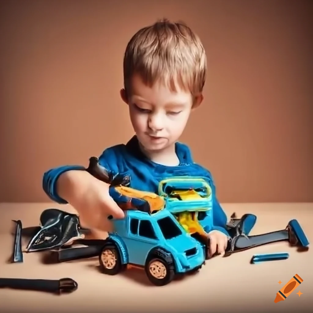 Kid repairing a toy car with many tools in hand on Craiyon