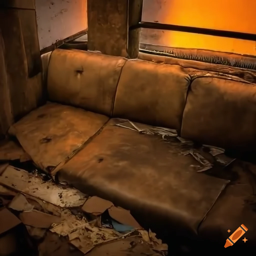 Destroyed leather couch in flooded industrial rooftop with abandoned ...