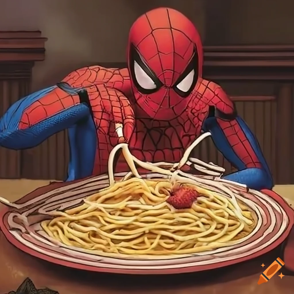 Spiderman eating spaghetti in a touching and tragic moment on Craiyon