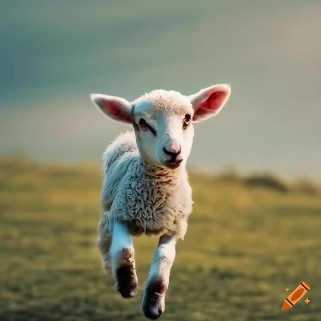 Lamb running towards the camera with serene landscape and jesus feet in ...