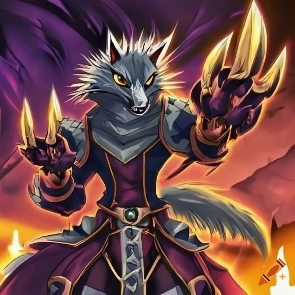 Warrior wolf with big claws in YU-GI-OH art style on Craiyon