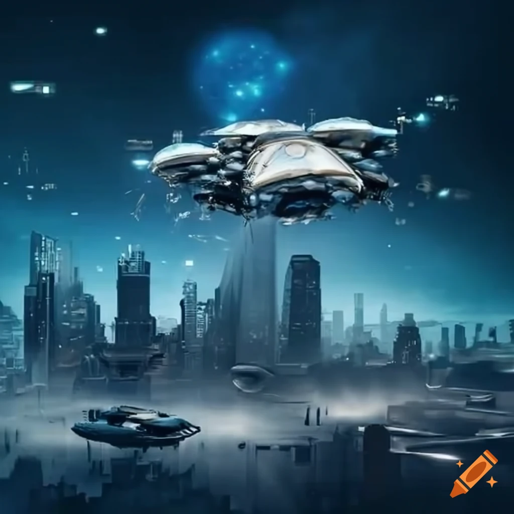 Futuristic cityscape with flying robot spacecraft and extraterrestrial ...