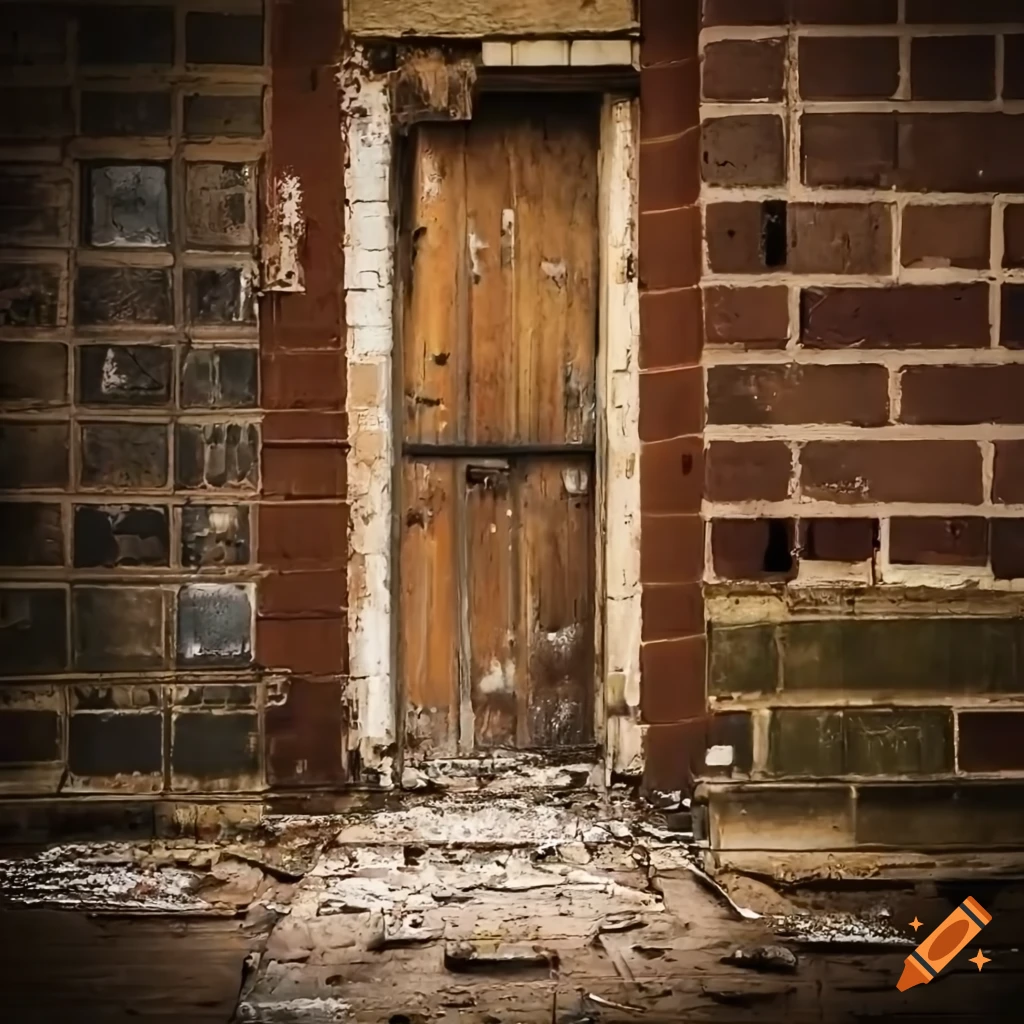 Close-up of flooded door to abandoned buildings sinking into ocean with ...