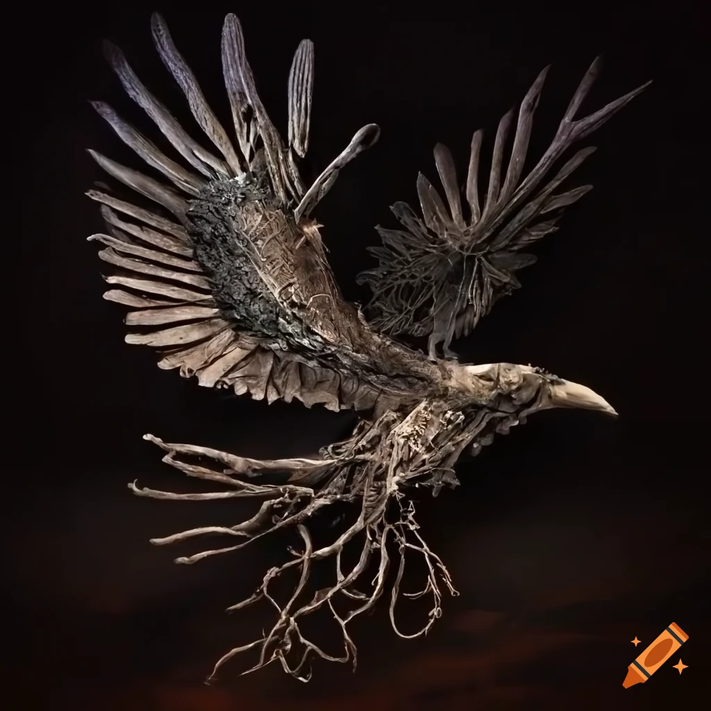 Bio mechanical flying raven made from roots, twigs, fungi, tattered ...