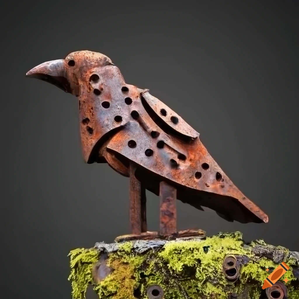Mechanical crow made of rusty scrap metal parts with moss and lichen on ...