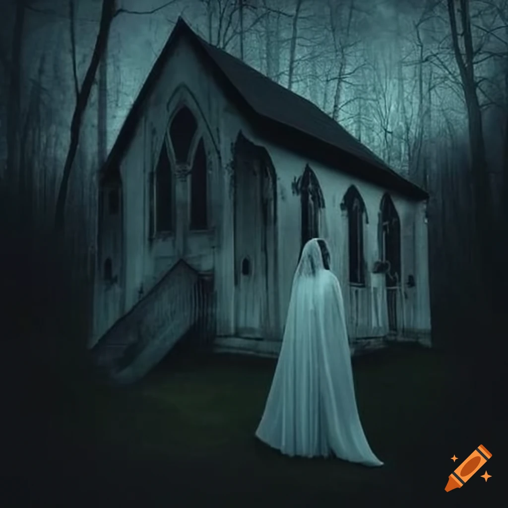 Spooky white female ghost by a chapel in the woods on Craiyon