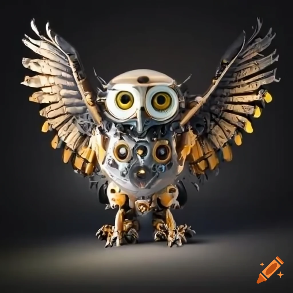 Intricately detailed mechanical robotic owl prepared for battle on Craiyon