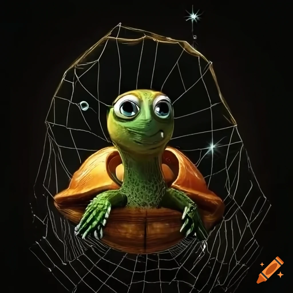 Cool animated turtle chilling in a spiderweb on Craiyon