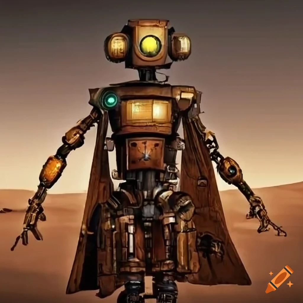 Futuristic robot in steampunk cape discovering a desert planet on Craiyon