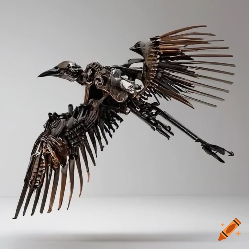 Bio mechanical flying crow sculpture made of scrap metal on Craiyon