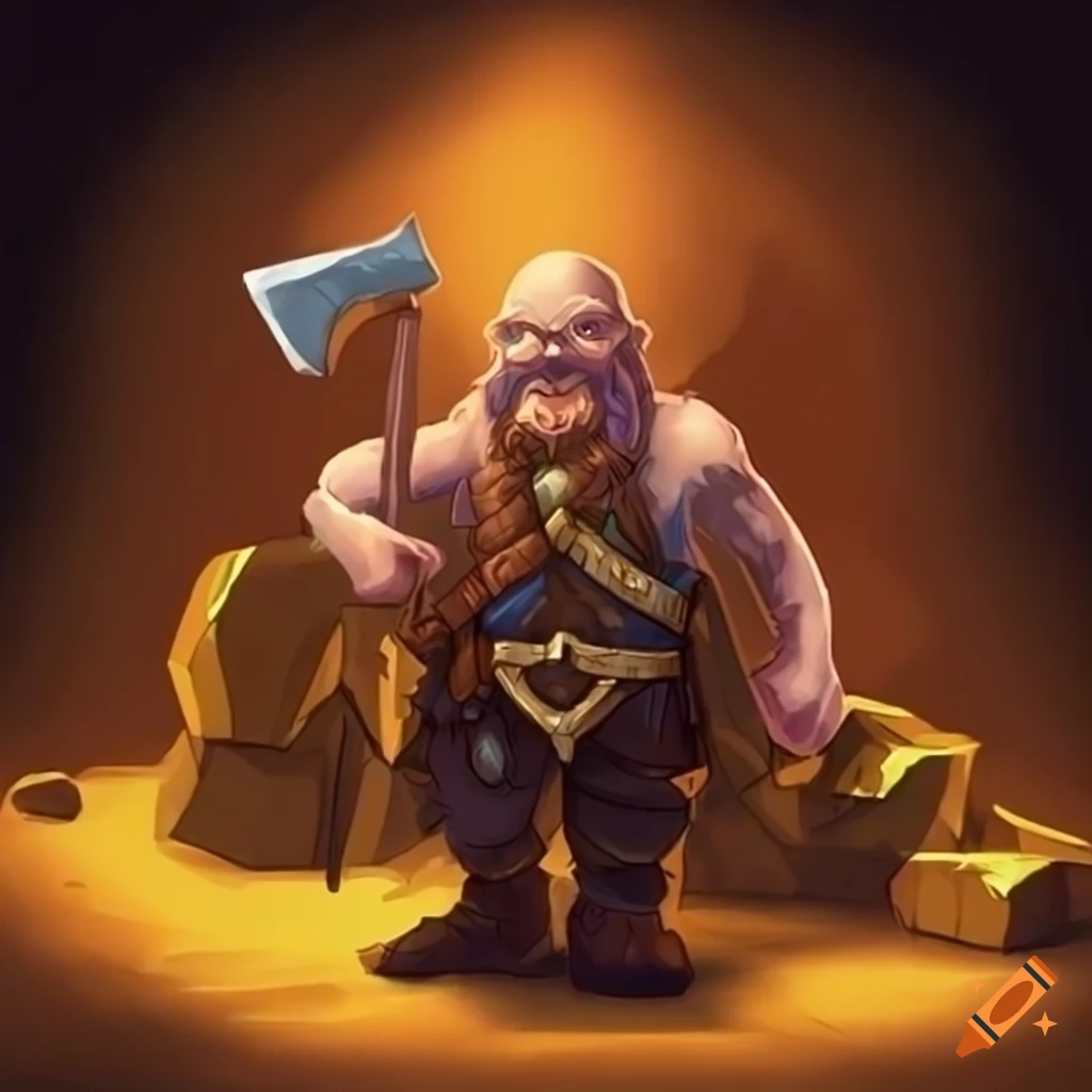 Dwarf digging with an ax near a pile of gold pieces on Craiyon