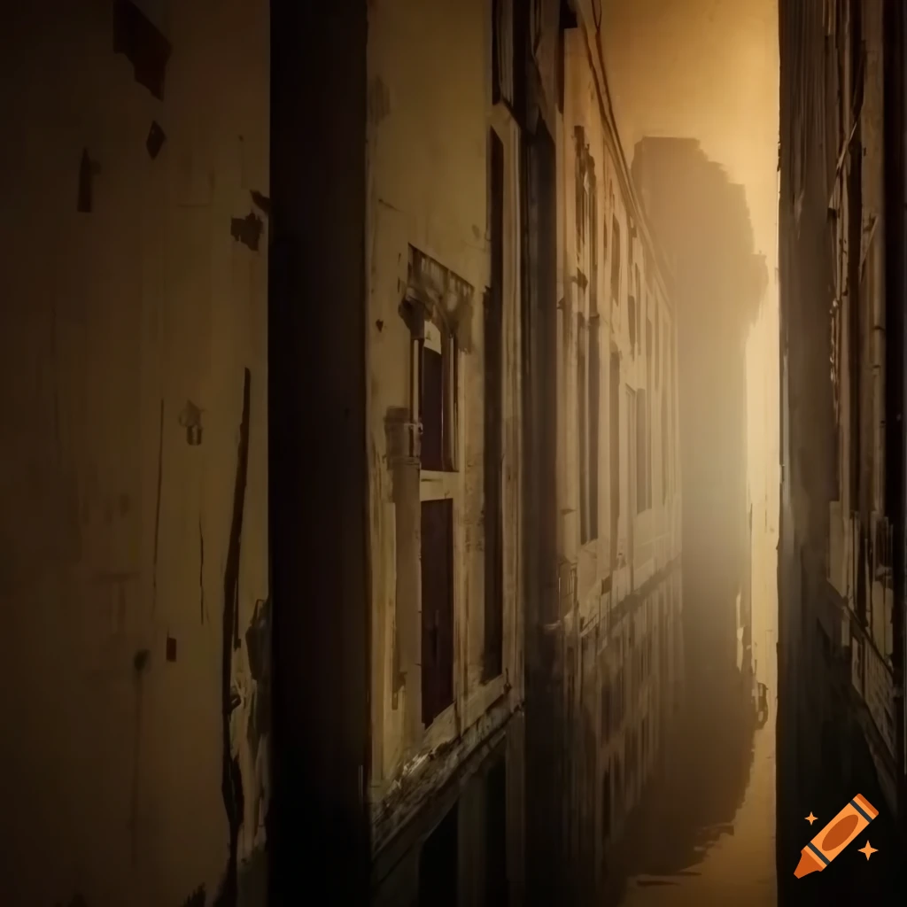 Close-up view of a flooded corridor leading to abandoned Blade Runner ...