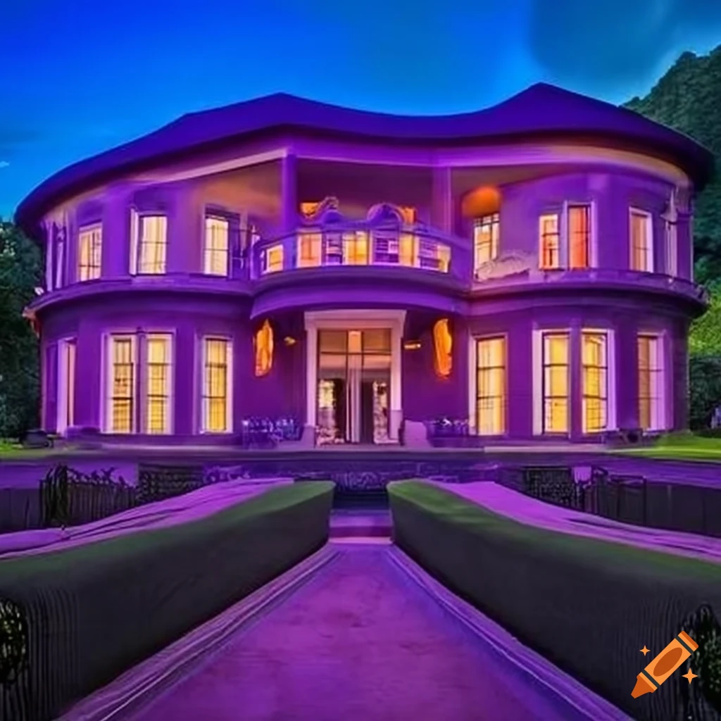 Purple and green curvy mansion building on Craiyon
