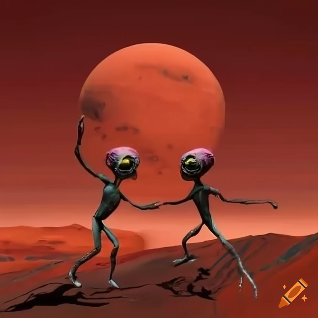 Alien creatures dancing on mars' red landscape on Craiyon
