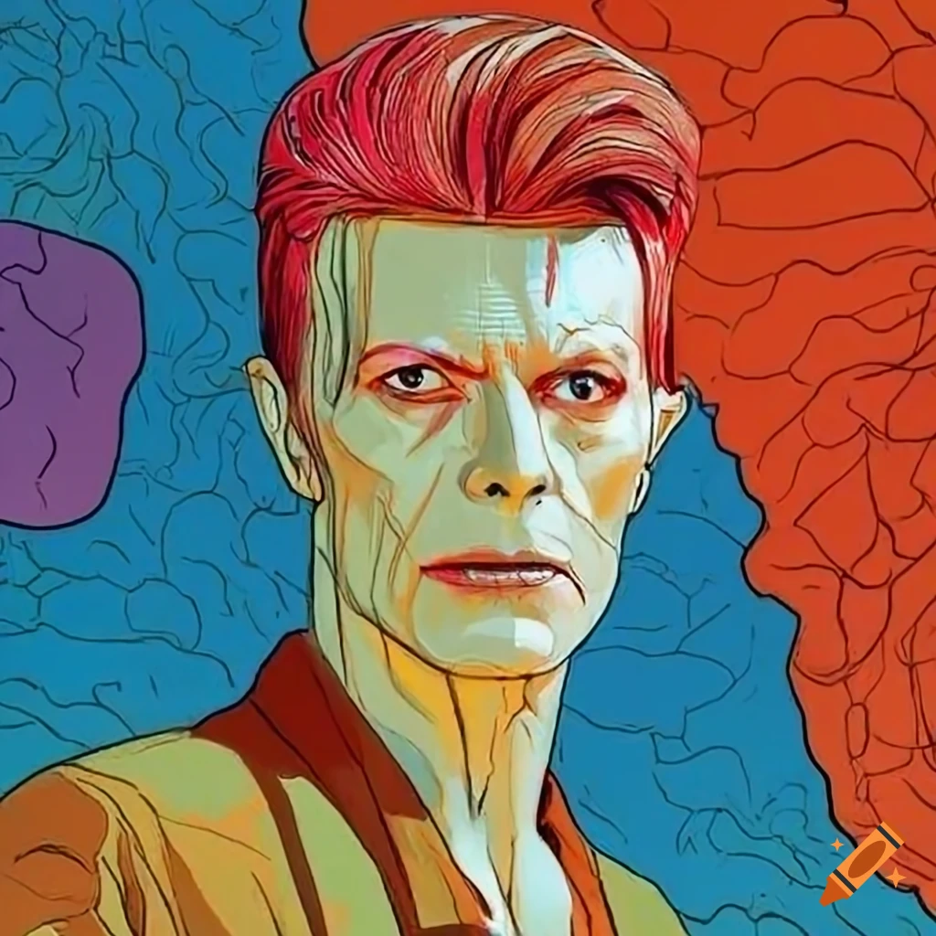 Colored line drawing pop art portrait of david bowie in moebius style ...