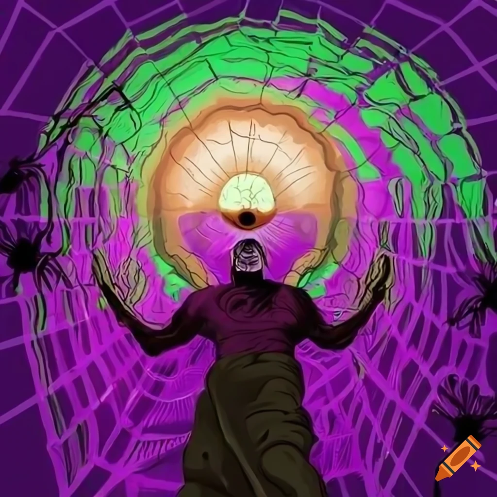 Surreal dream scene with falling man, spiders, and creepy eye in purple ...