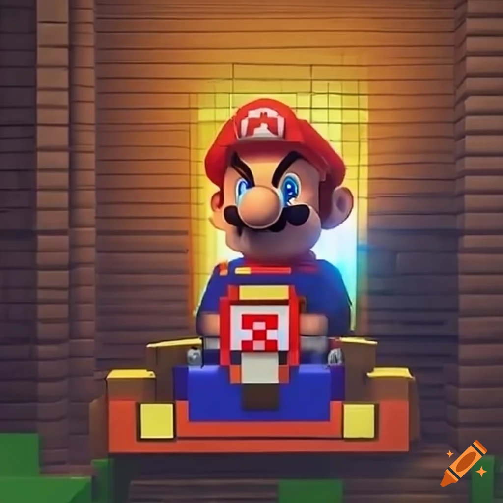 Mario crashing kart into minecraft wall on Craiyon