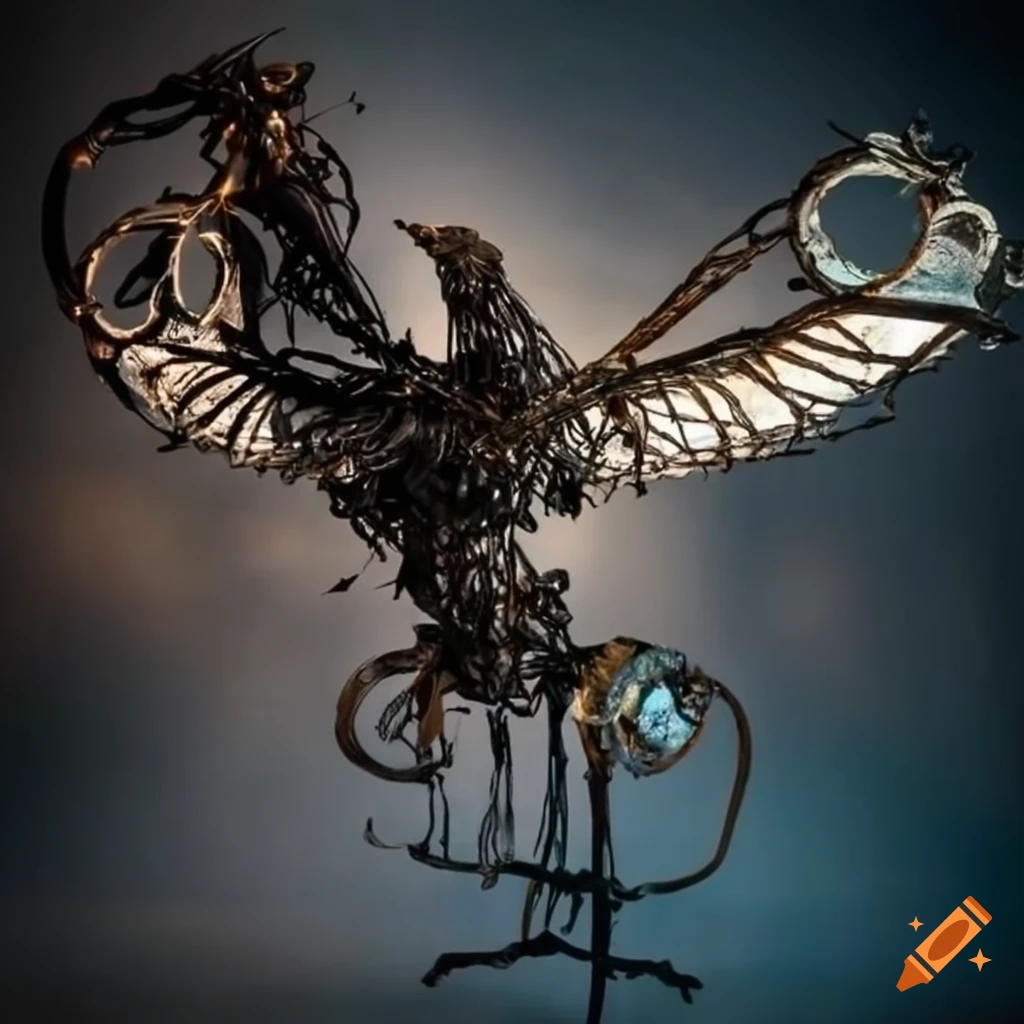 Bio mechanical decomposed flying crow made of scrap metal and mesh on ...
