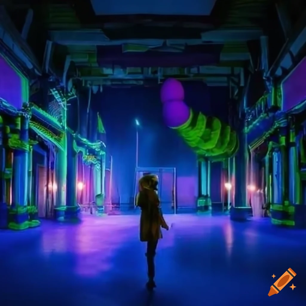 Willy wonka experience theme park in a warehouse on Craiyon