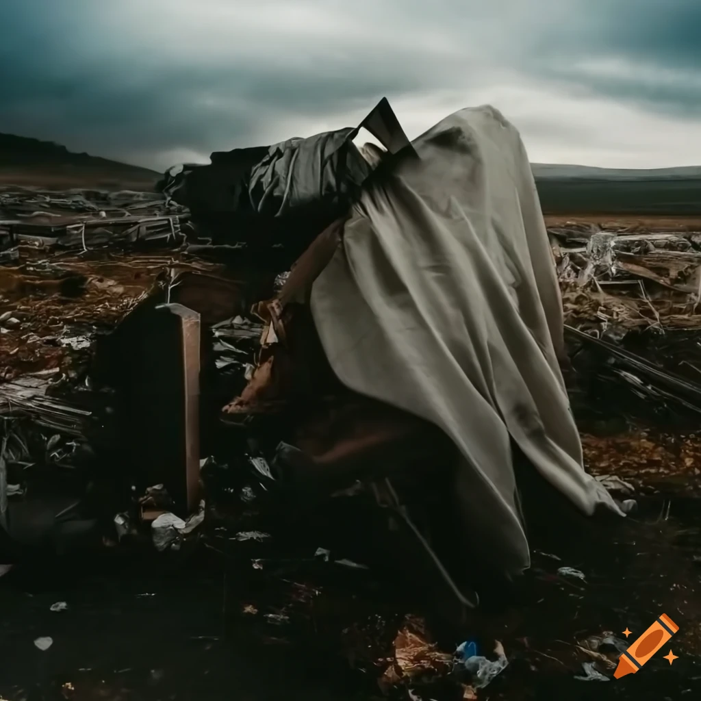 Weapons hidden under drapery in a chaotic junk garbage landscape with ...