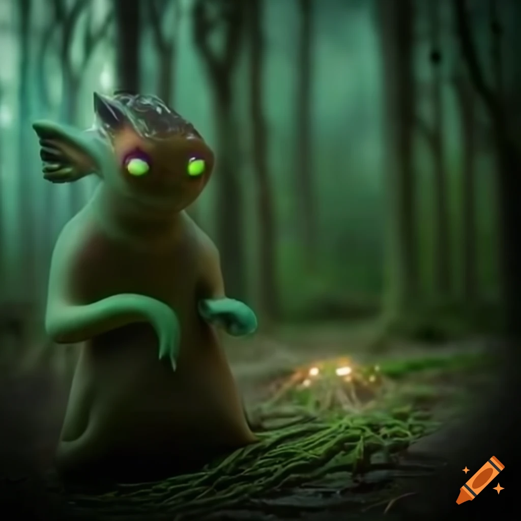 Enchanted forest scene with a porcelain fairy and a mutant omega mart on Craiyon