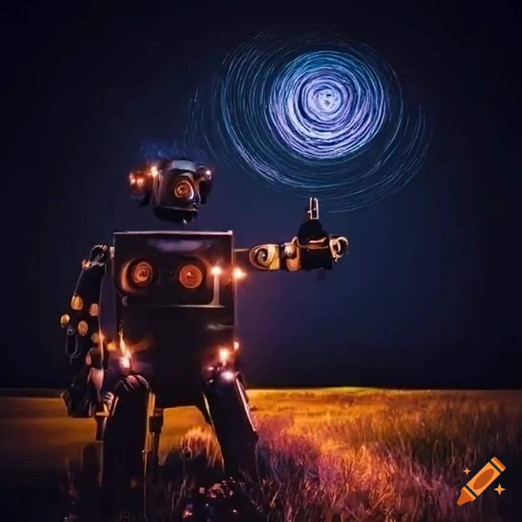 Starry night with northern lights and a giant robot in a field on Craiyon