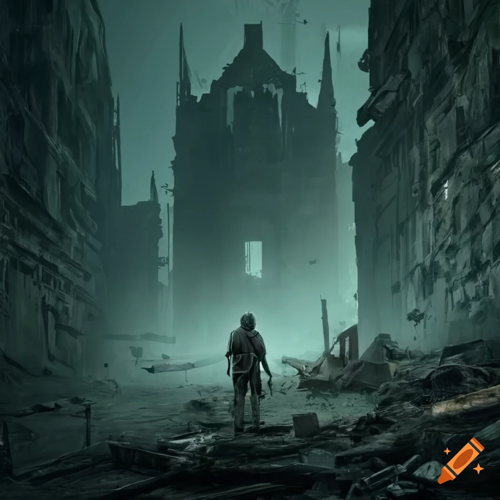 Man in post-apocalyptic setting with ruins and debris in high ...