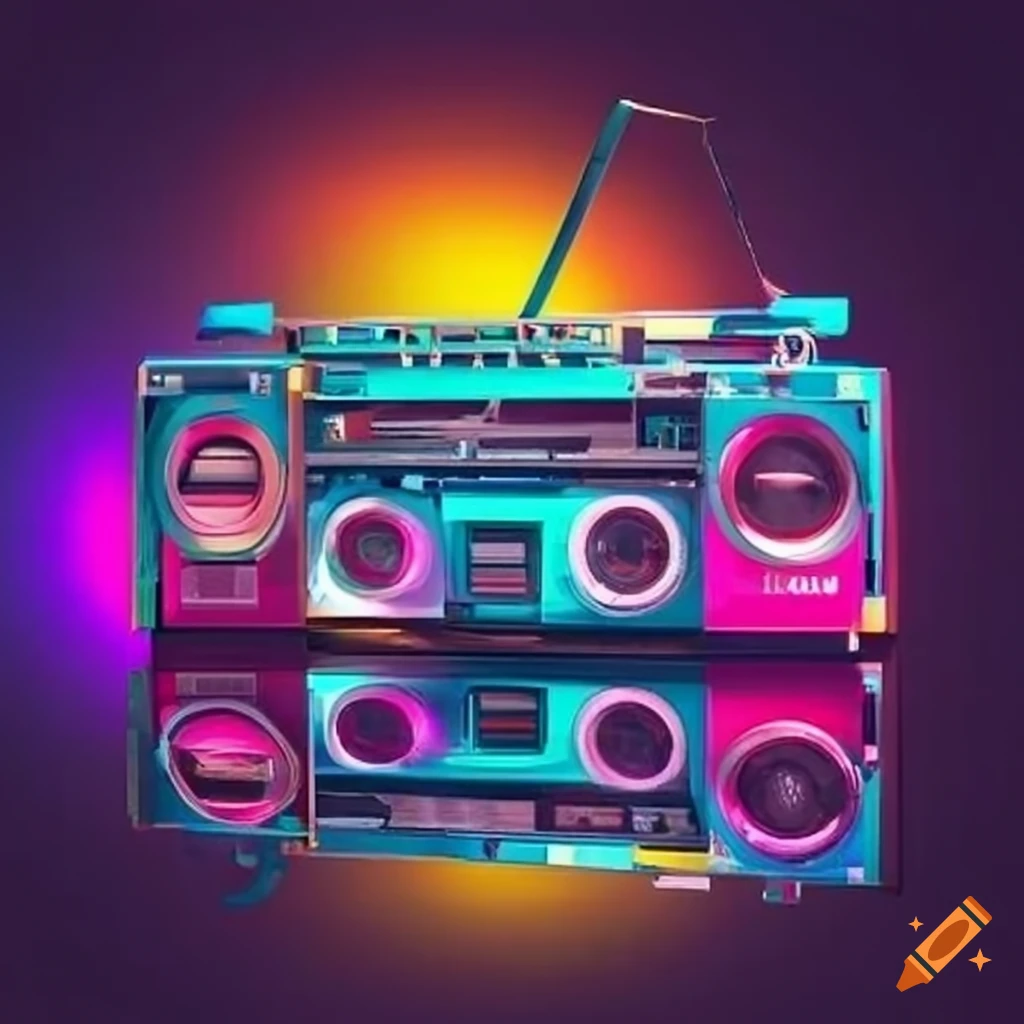 Vibrant urban scene with bursts of color and a boombox on Craiyon