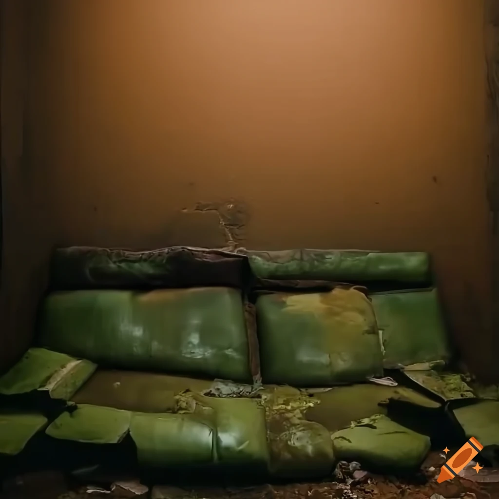 Destroyed olive green leather couch in flooded brick doorway with ...