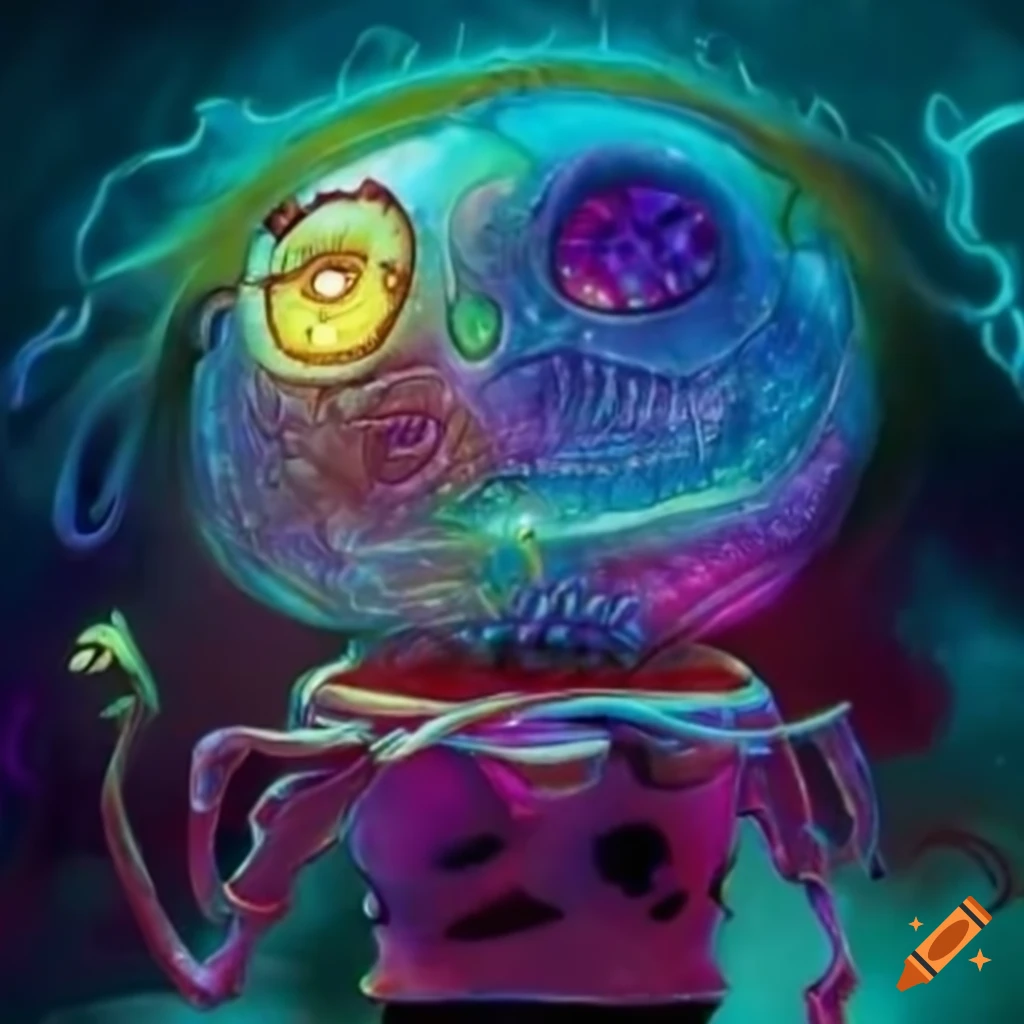 Spongebob concentrating energy for a powerful metamorphosis in a dark ...