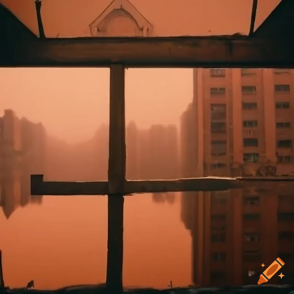 View through broken windows to flooded rooftop and sinking buildings in ...