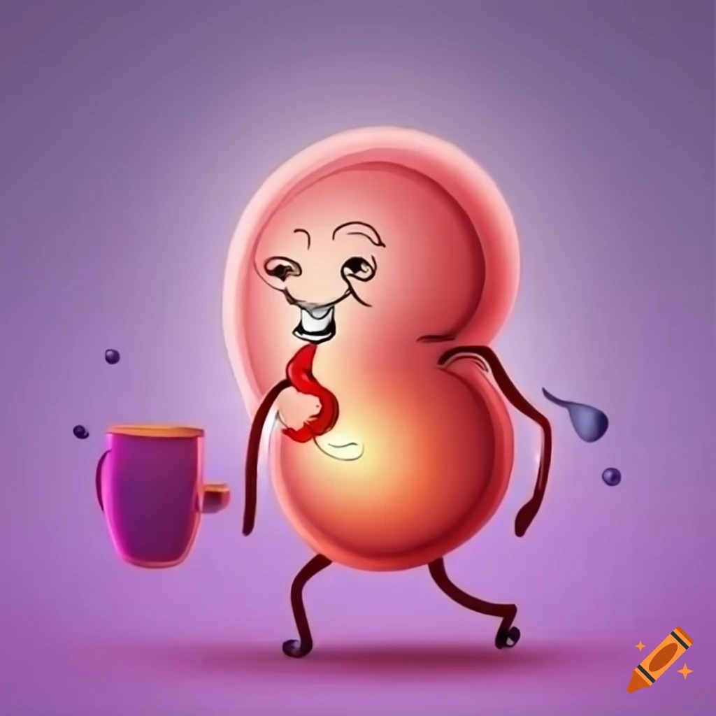 Happy glowing kidney cartoon with a cup of water on Craiyon