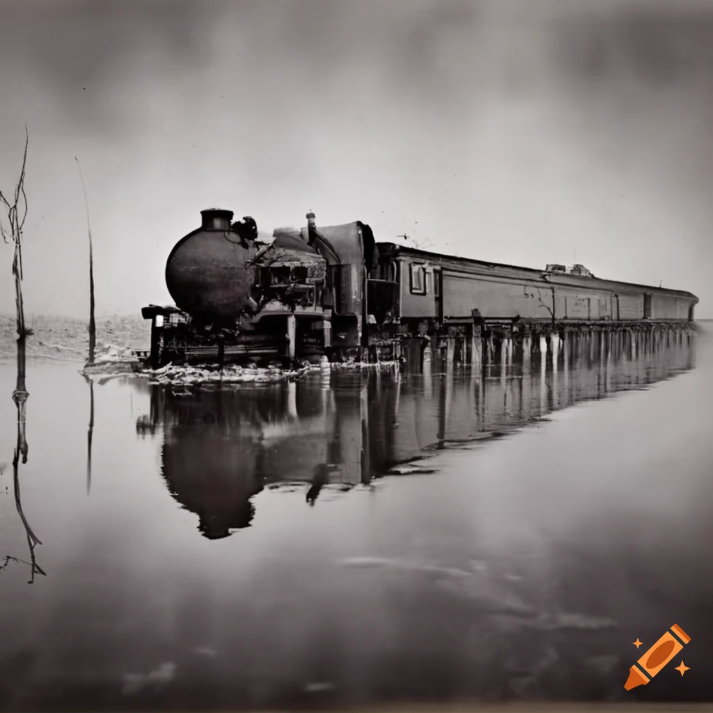 Steam train on submerged rails in a flooded swamp from the 1800s on Craiyon